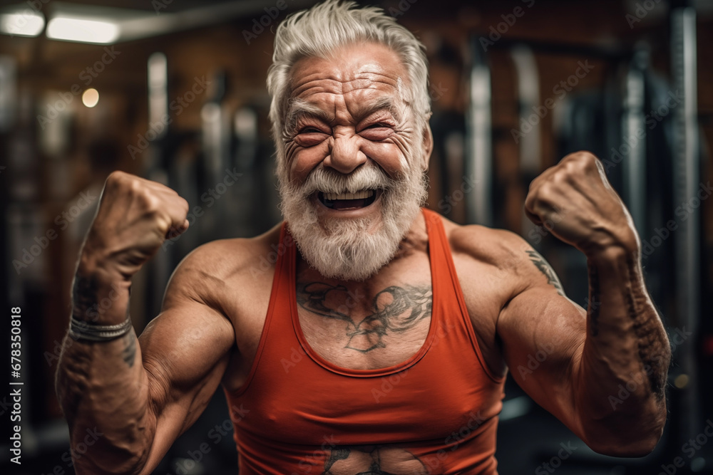 Old athle Muscula. Fitness man at workout. Elderly pensioner old man ...