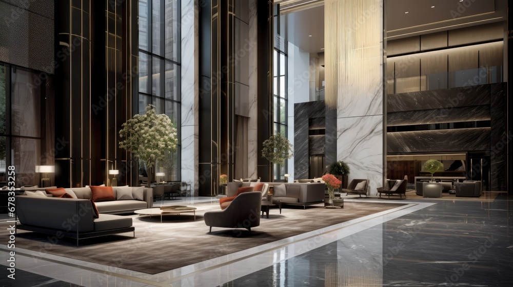 Welcoming elegance! lobby interior, a blend of contemporary design and ...