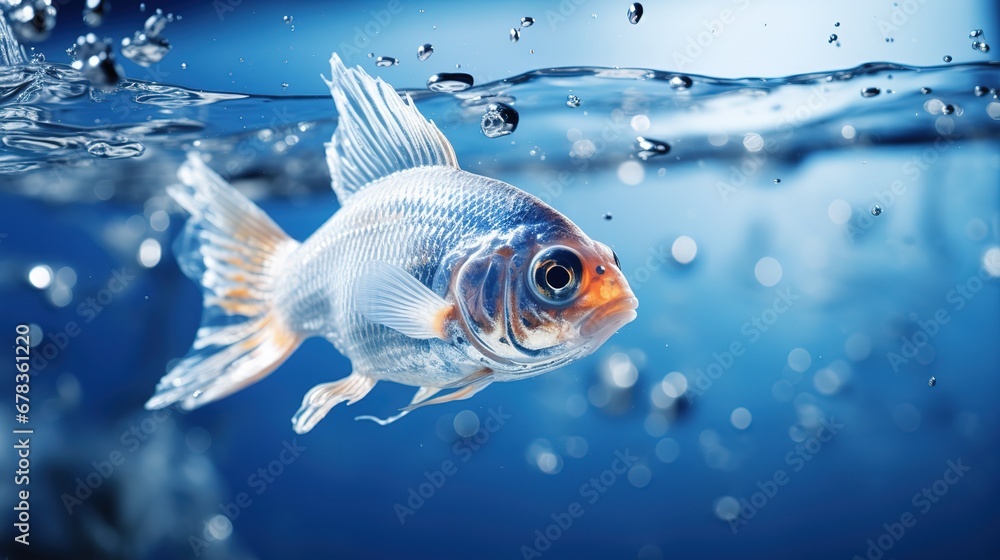 Small, silver fish with a transparent tail on an isolated blue ...