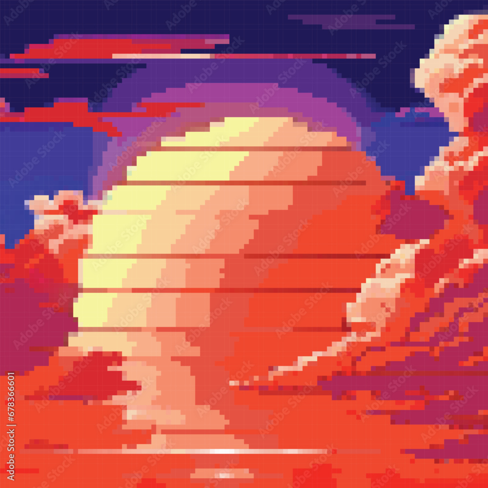 Vector pixel art of 80s Retro sci-Fi background. Synthwave, Vaporwave ...