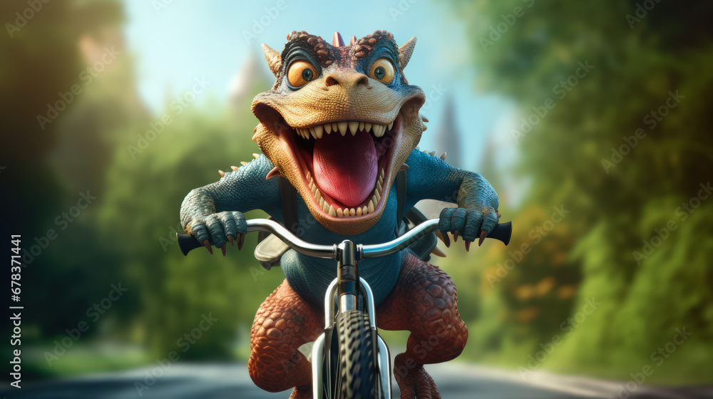 Smiling green 3d dragon on a bike bicycle on a forest background ...