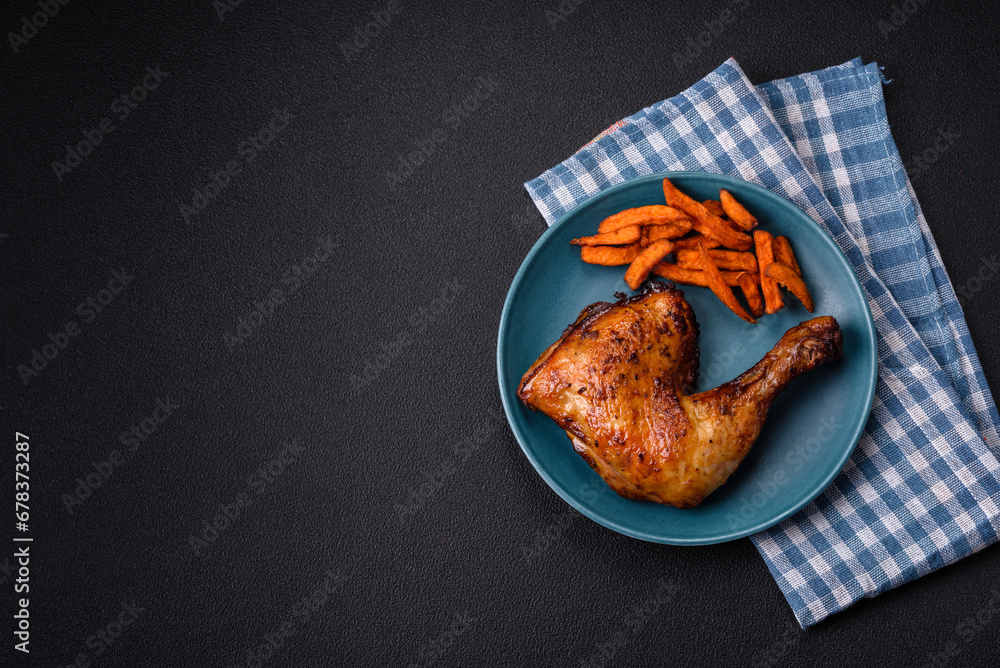 Delicious grilled chicken leg or quarter with salt and spices Stock ...
