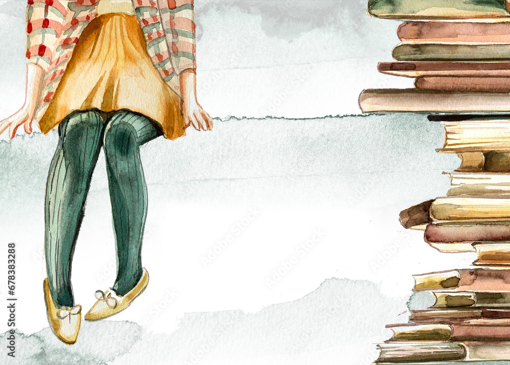 Young girl wearing a vintage clothes and a books stack. Watercolor hand ...