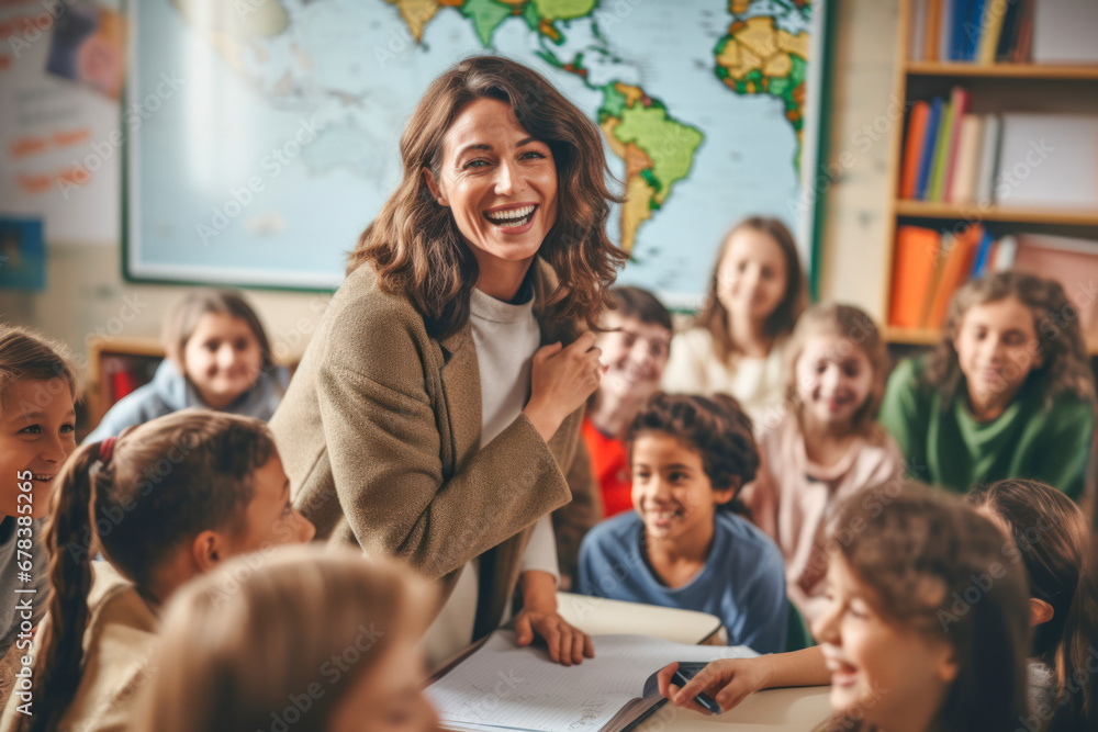 A female teacher in a classroom, passionately engaging with students ...