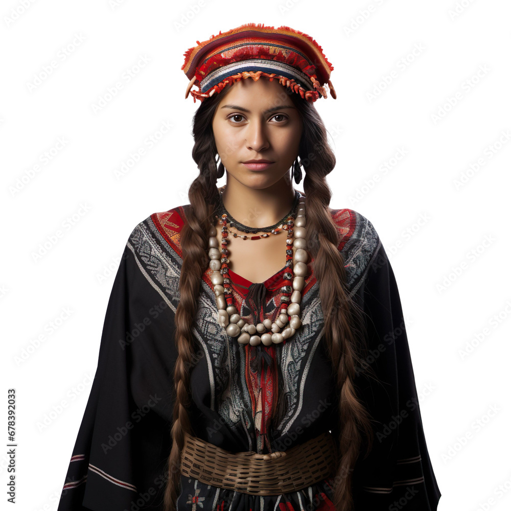 front view mid body shot of a female Mapuche from Chile in a Ruca ...