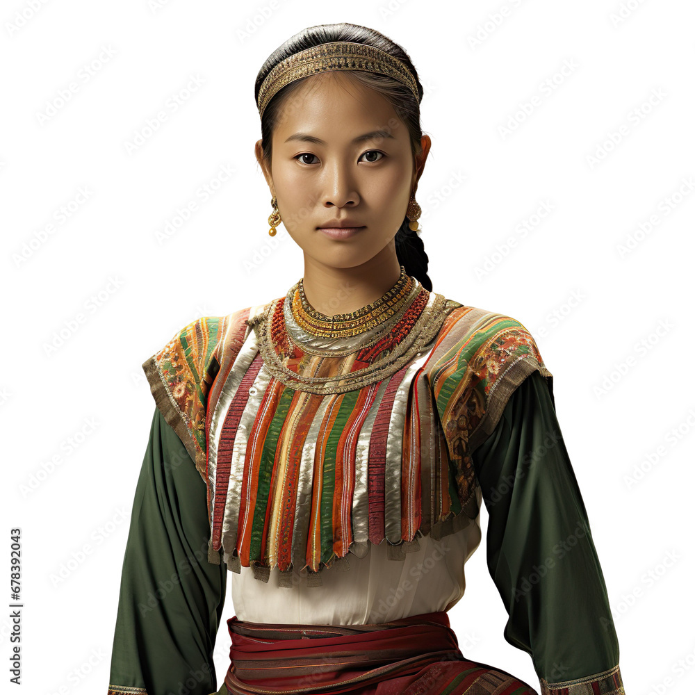 front view mid body shot of a female Kayan from Myanmar in a Kayan ...
