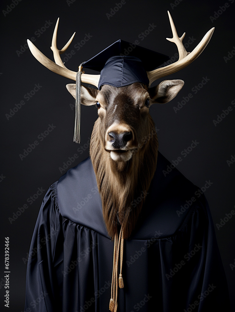 An Anthropomorphic Elk Dressed Up as a College Graduate Wearing a Cap ...