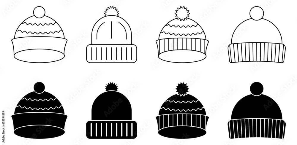 Winter hat icons. Winter outline knitted hats. Vector illustration ...