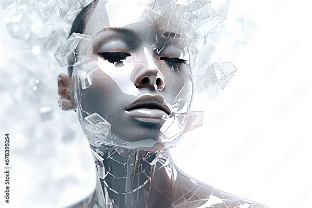 Beautiful female model with transparent fragments of plastic, glass or ...