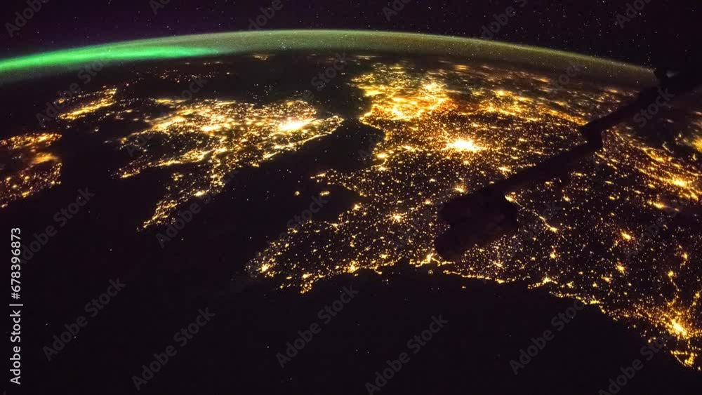 Cities illumination at night seen from space. Flying over Planet Earth ...