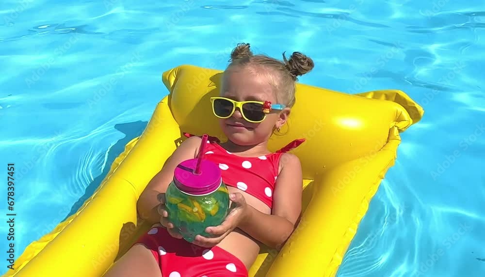 Cute little girl lying on inflatable mattress in swimming pool with ...