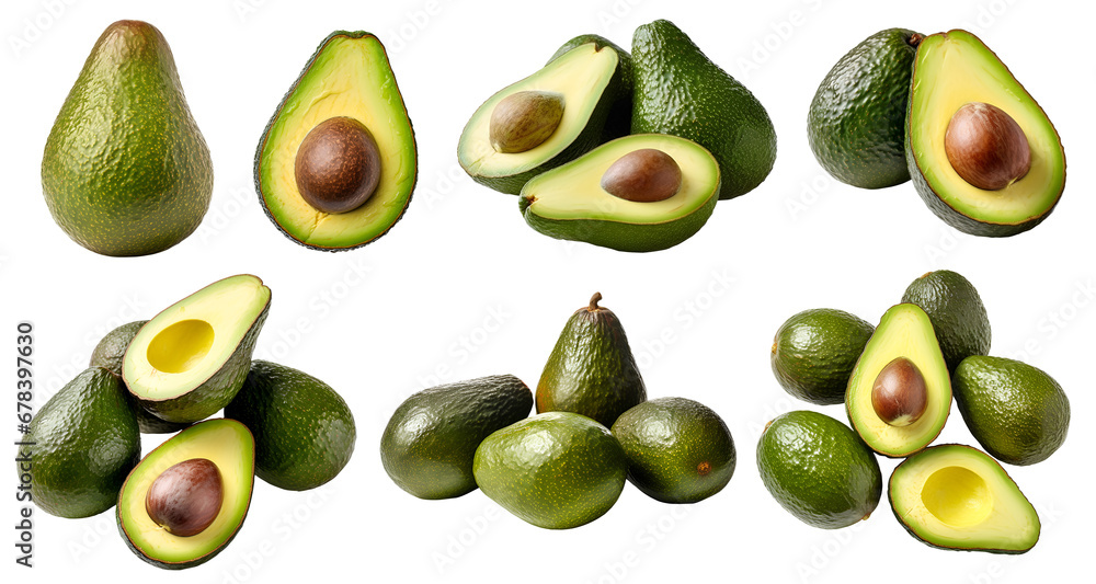 Green avocado avocados, many angles and view side top front sliced ...