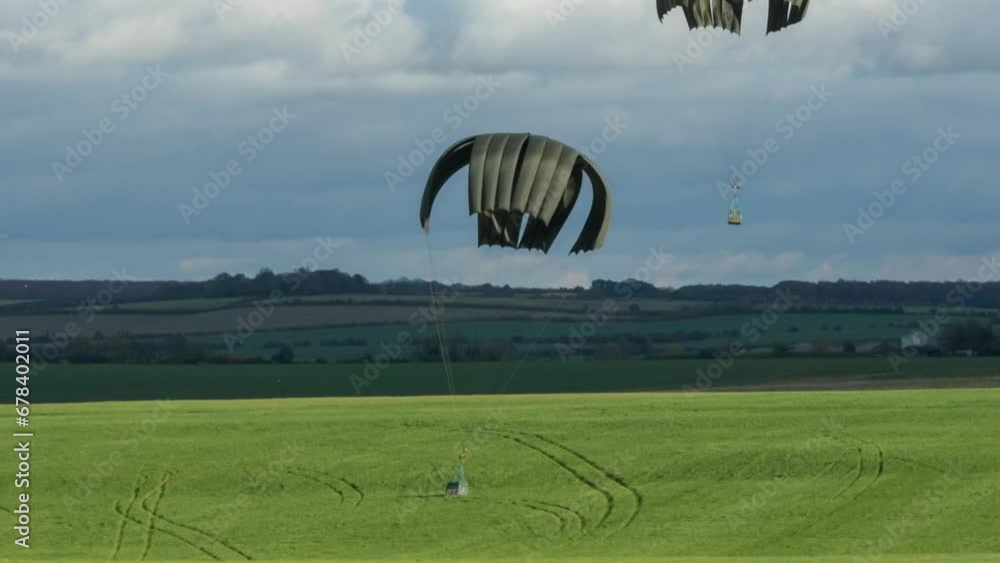 container delivery system parachute drop from ZM415 RAF Royal Air Force ...