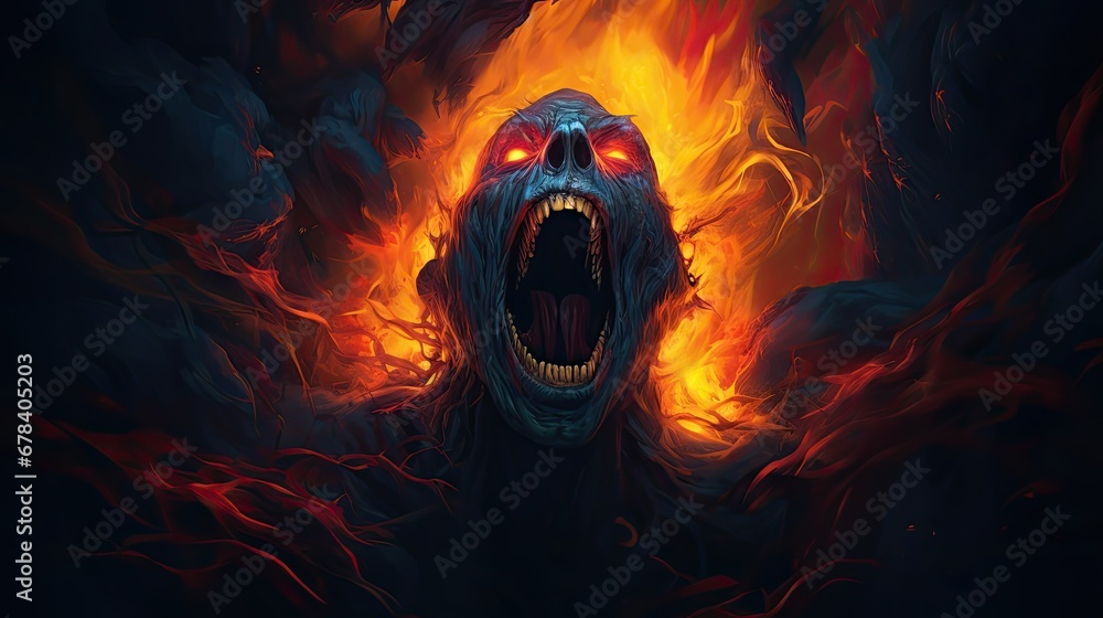 Scary burning monster. A fiery evil creature in the darkness. A scary ...
