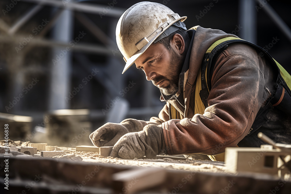 Men bricklayer in work clothes on a construction site. Mason at work ...