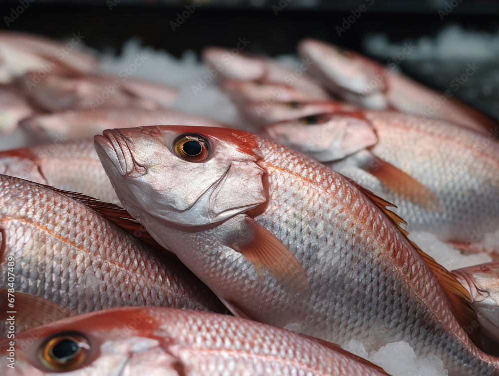 Northern red snapper is a red-hued sea fish, laid out on ice in a ...