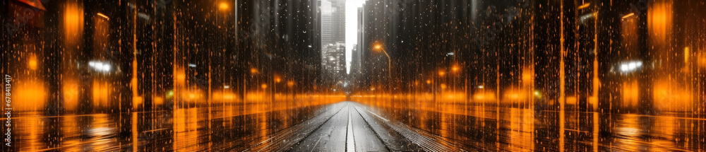 Rainy midnight composition, yellow light tail rain and traffic light ...
