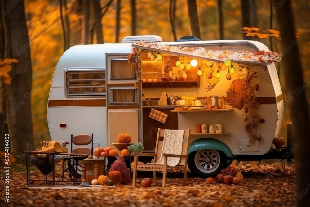 Cozy Trailer of mobile home or recreational vehicle stands in the ...