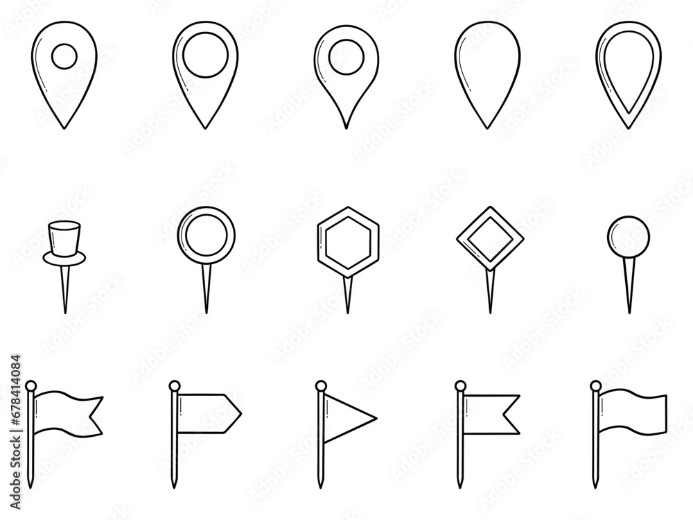 Map pins doodle set. Navigation sign, location pointers, flags, tags and markers in sketch style ...