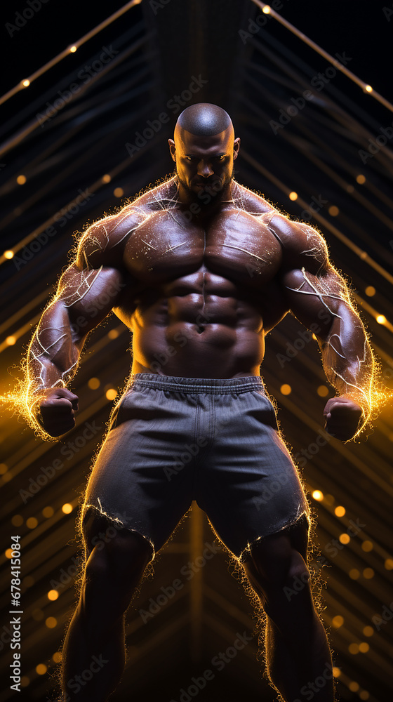 O fisiculturista é coberto por raios laser, músculos bem definidos ...