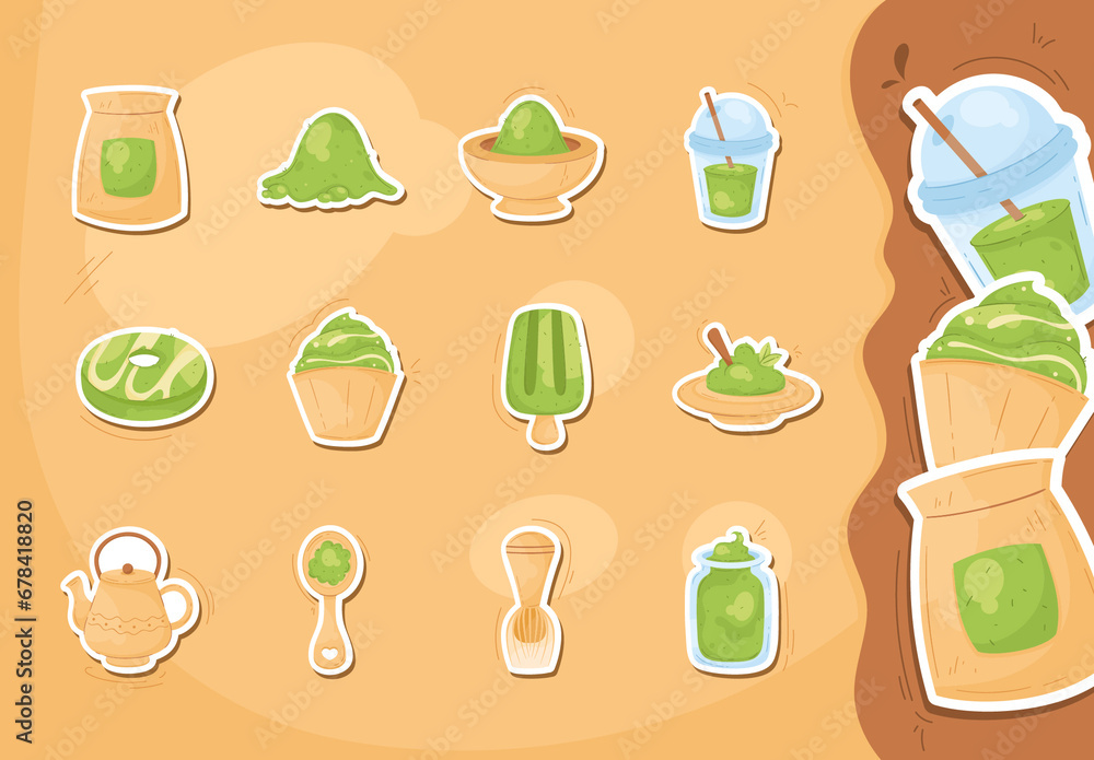 Beige and Green Matcha Stickers Set Cute Hand-Drawn Design Stock ...