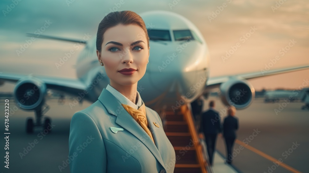 Beautiful female flight attendant standing in aircraft passenger salon ...