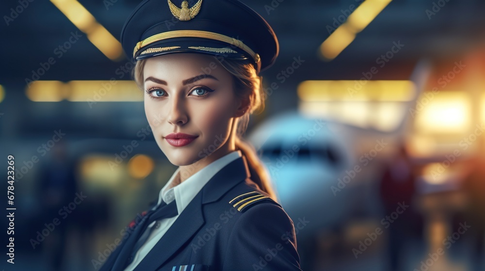 Beautiful female flight attendant standing in aircraft passenger salon ...