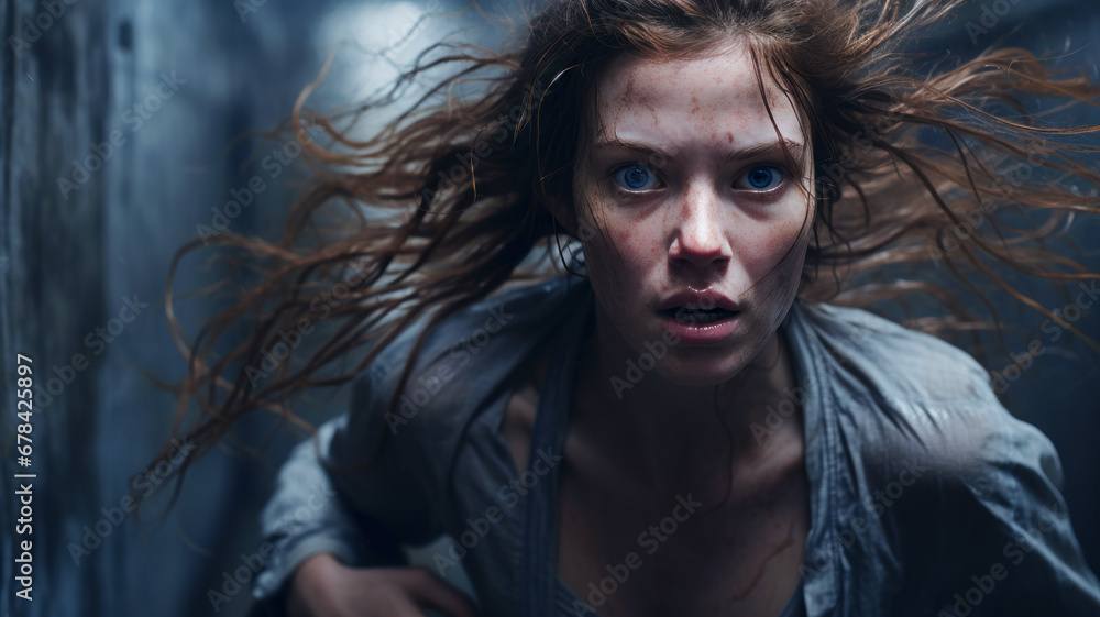 Scared young woman runs in dark dirty corridor, eyes of shocked adult ...