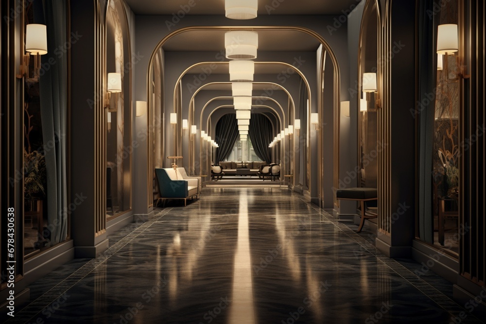 the interior of a luxury hotel corridor, with soft, ambient lighting ...