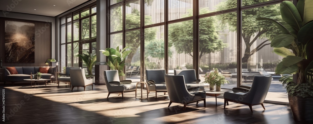 the intersection of a hotel passageway with a stylish seating area. The ...