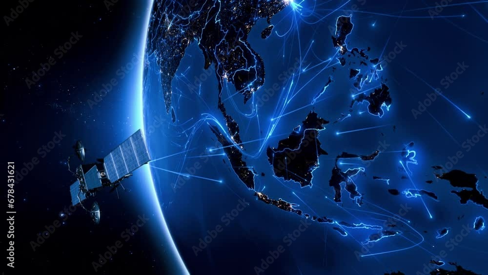 Highly Detailed Telecommunication Satellite over Earth. 3D Rendering ...