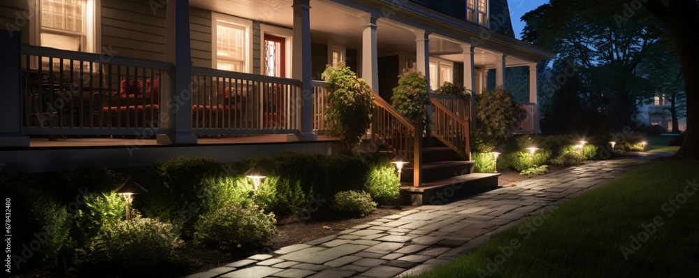 a house's front yard and walkway, seamlessly transitioning from ...