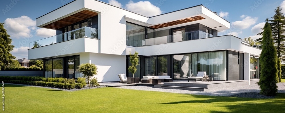 a contemporary two-story house with an angular roof and balcony ...