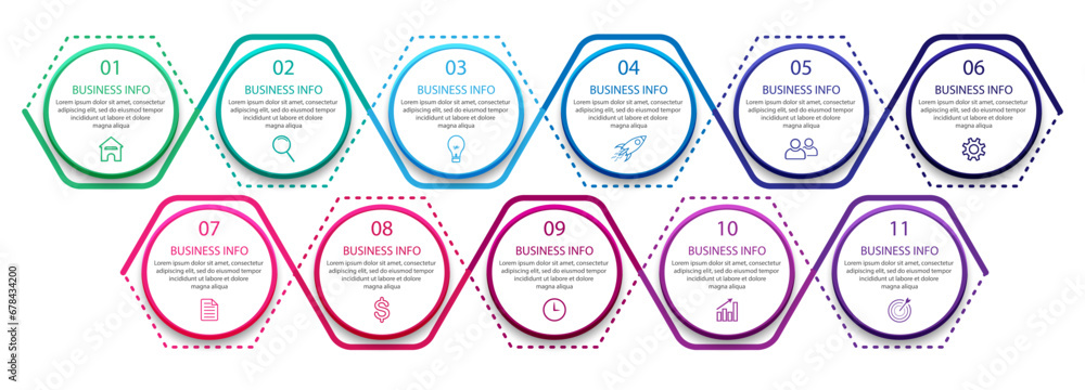Simple 11 step infographic. color lines, symbols and text in one ...