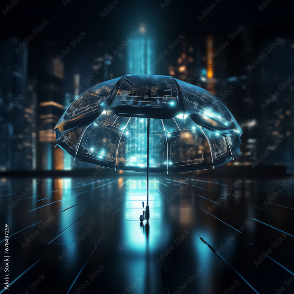 futuristic digital umbrella with light and technology background for ...