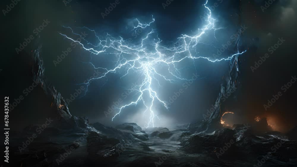 A glowing blue lightning bolt emerges from an eerie black void sending ...