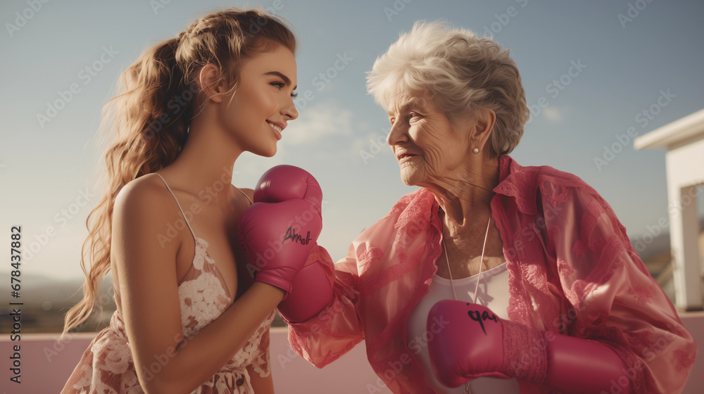 Young woman and older woman grandmother with pink boxing gloves ...