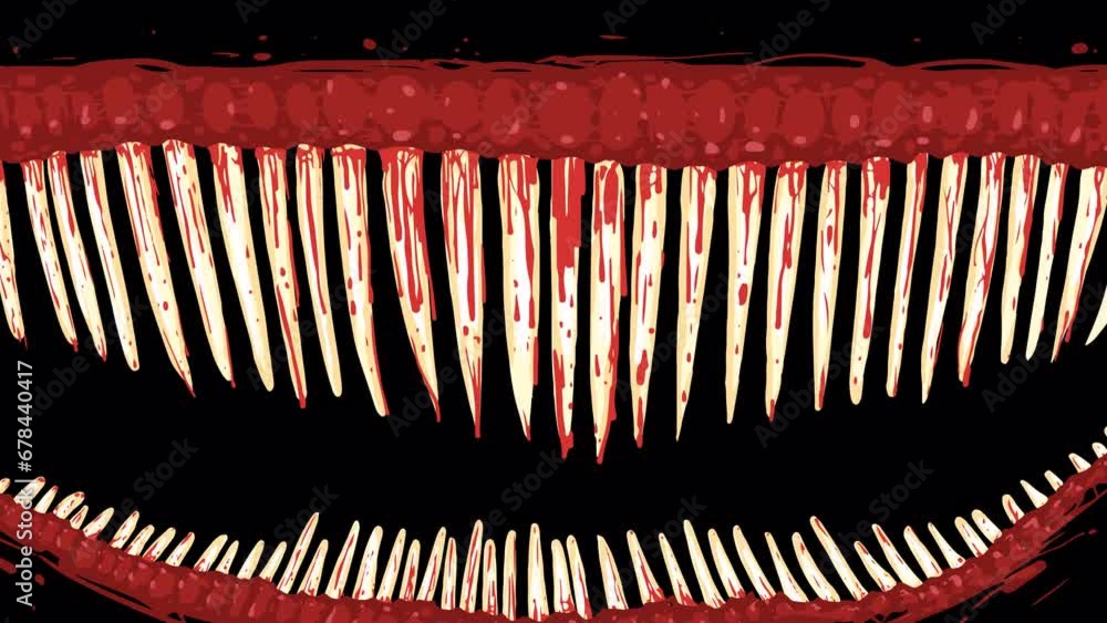 Creepy animation of a monster biting with sharp bloody teeth on a black ...