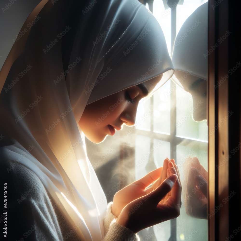 Muslim woman performs prayers inside the home with light streaming ...