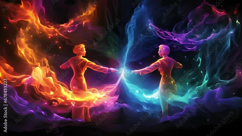 A brilliant rain of mystical energy swirls around two cloaked figures ...