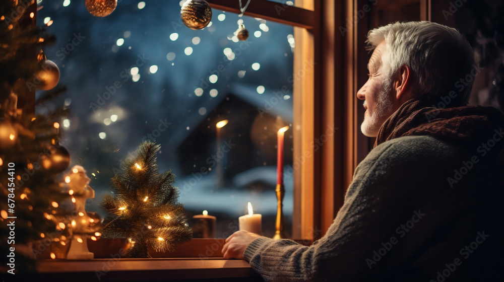 Elderly man looking out the window with Christmas tree and candles ...