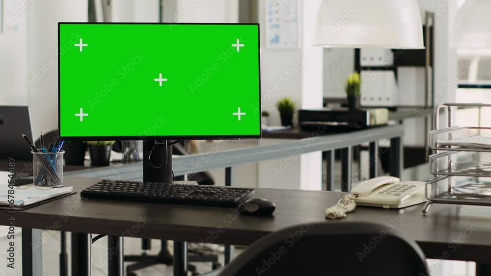 Greenscreen desktop in coworking space pc placed on workstation, open ...