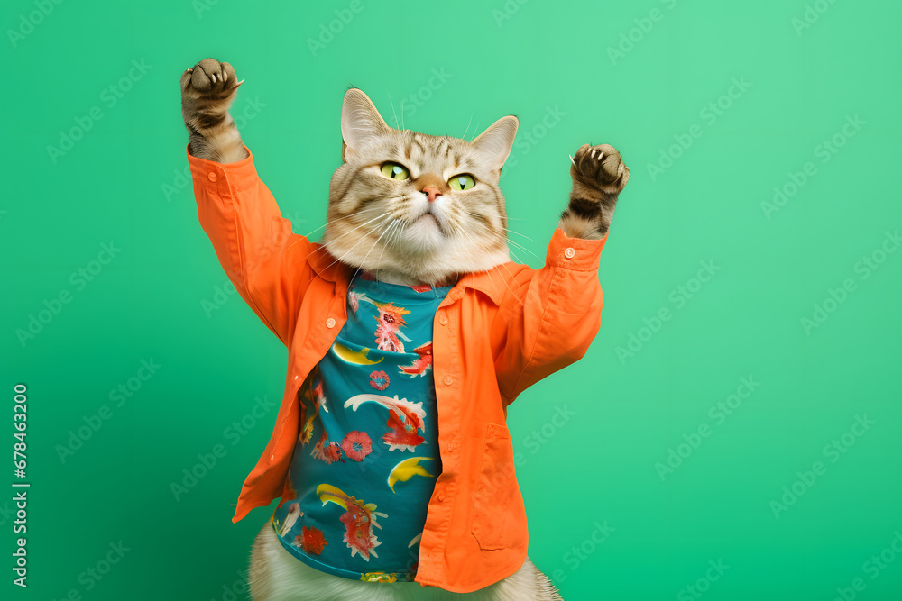 Gato con ropa camisa y chamarra bailando fondo liso verde Stock Photo ...
