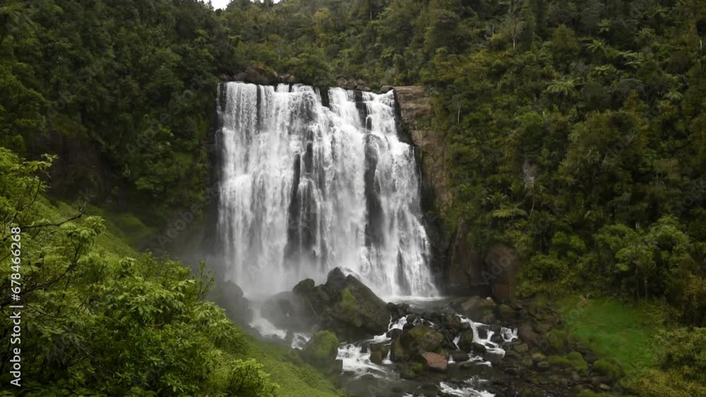 Marokopa Falls in thick forest in the Waitomo area of the Waikato ...