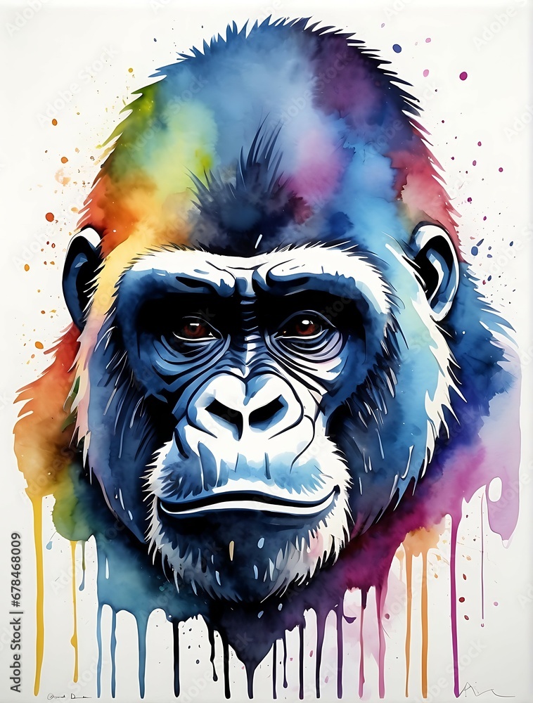 watercolor painting, A single line art, a super minimal gorilla head ...