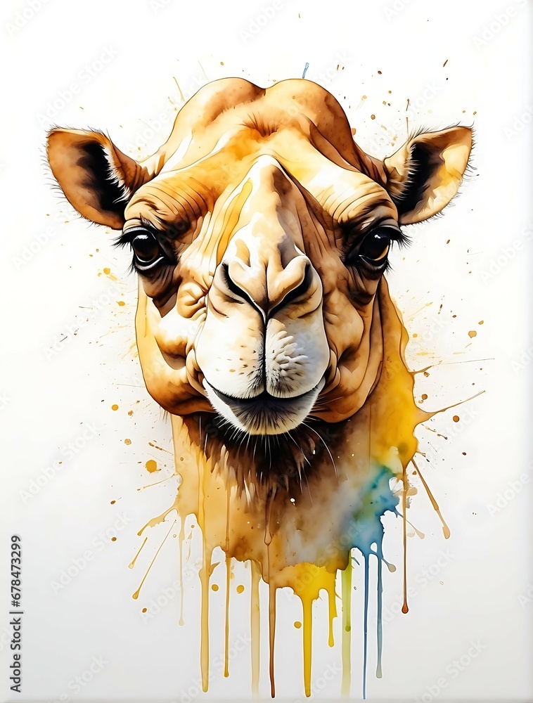 watercolor painting, A single yellow line art, a super minimal camel ...