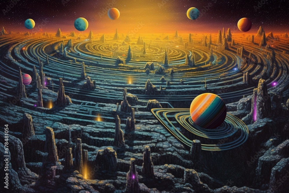 Artistic drawing of a concrete planet surrounded by a psychedelic solar ...