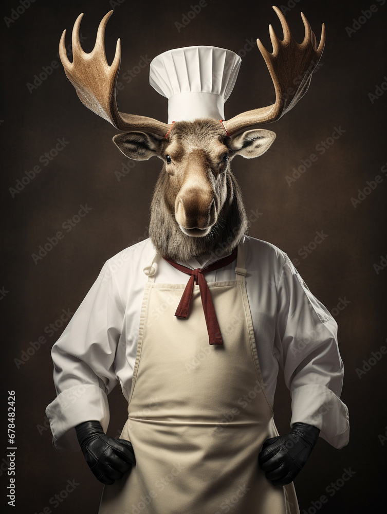 An Anthropomorphic Moose Dressed Up like a Chef Wearing an Apron Stock ...