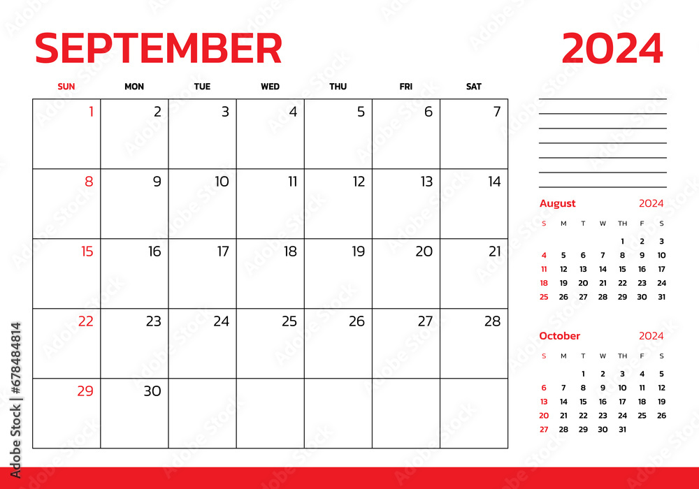 September 2024 Calendar. Week start on Sunday. Desk calendar 2024 ...