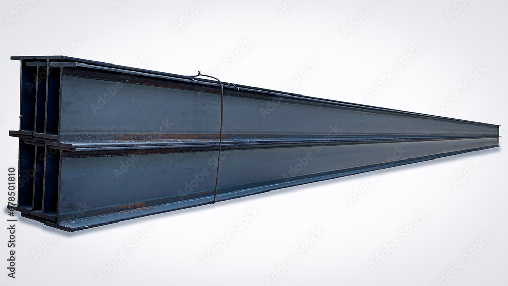 Steel beams production. Metal girders stack on project construction ...